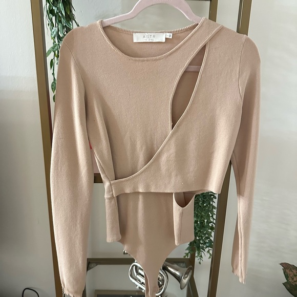 Astr | Tops | Astr Tan Asymmetrical Cutout Bodysuit | Poshmark